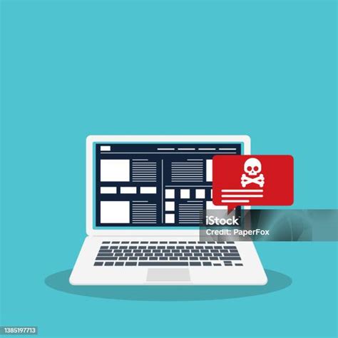 악성 코드 콘텐츠 노트북 컴퓨터 악성 코드 개념 스팸 데이터 온라인 사기 바이러스 벡터 일러스트에 경고 알림 컴퓨터에 대한 스톡 벡터 아트 및 기타 이미지 Istock
