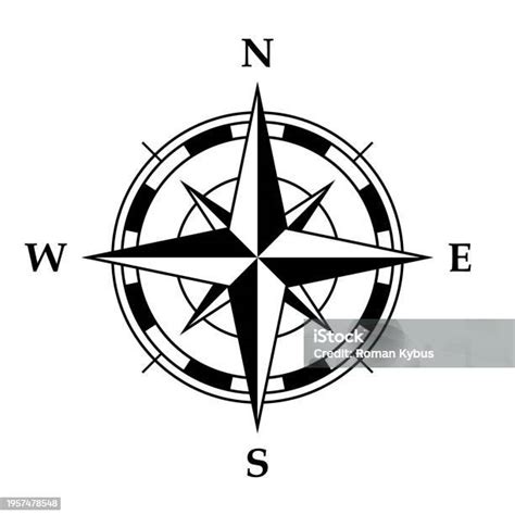 Compass Rose Symbol Black And White Vector Illustration Of Four