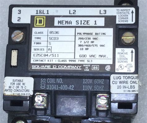 Square D 8536 Type Sco3 Series A Form S Nema Size 1 Motor Starter