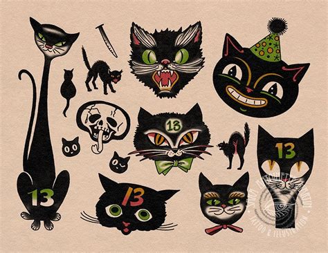 Traditional Black Cat Tattoo Flash