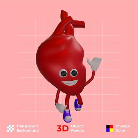 인간의 심장 내부 장기의 무료 3d 재미있는 캐릭터 투명 배경 및 Psd 색상 변경 프리미엄 Psd 파일