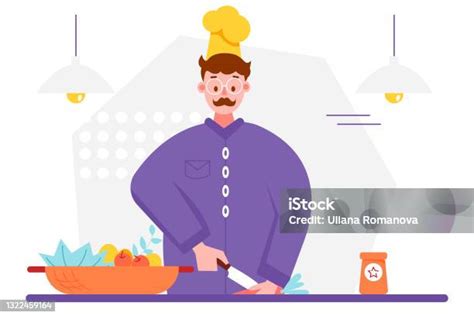 균일 한 벡터 일러스트를 착용한 셰프 요리사 슬라이스 야채 샐러드 요리 수업의 개념 맛있고 건강한 음식의 준비 벡터 그림입니다 개념에 대한 스톡 벡터 아트 및 기타 이미지