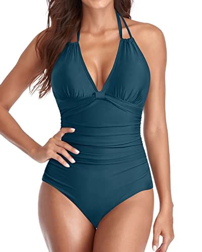 Sexy V Neck Tummy Control One Piece Swimsuits Teal Tempt Me