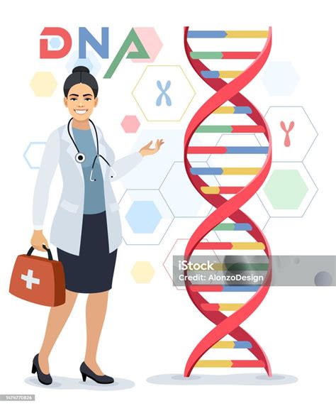 Dna 나선형 모델을 보여주는 여성 의사 캐릭터 의료 실험실 개념입니다 Dna에 대한 스톡 벡터 아트 및 기타 이미지 Dna