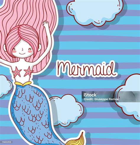 Wanita Putri Duyung Cantik Dengan Gaya Rambut Dan Awan Ilustrasi Stok Unduh Gambar Sekarang