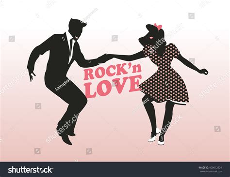 Rockn Love Young Couple Dancing Rockn Roll Black Silhouettes Stock