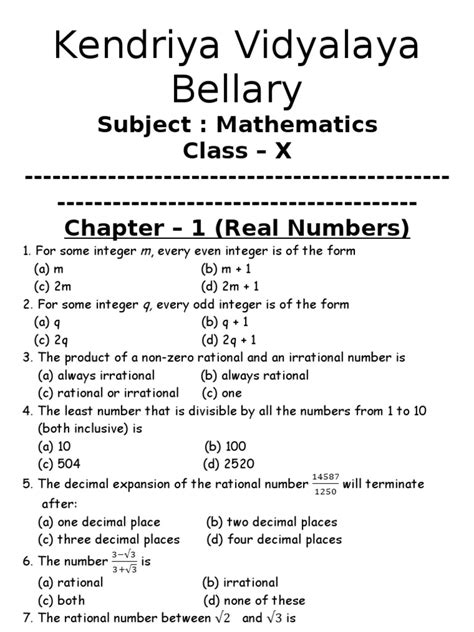 mcq class x pdf arithmetic mean rational number