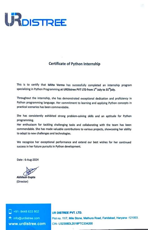 🌟 Excited To Share That I Have Successfully Completed A Python Programming Internship With Ur