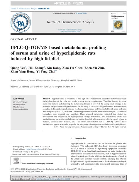 Pdf Uplc Q Tofms Based Metabolomic Profiling Of Serum And Urine Of