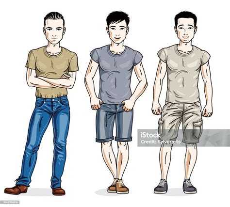 잘생긴 젊은 남자 그룹 서 세련 된 캐주얼 옷을 입고 벡터 사람 그림을 설정합니다 라이프 스타일 테마 남성 캐릭터입니다 T