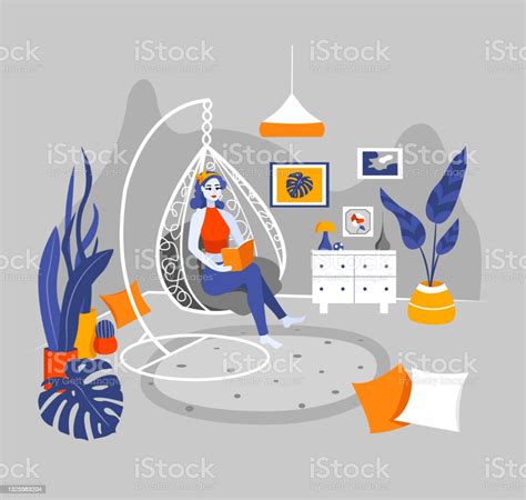 소녀는 책을 읽고 중단 된 의자에 앉아있다 소녀는 방에서 쉬고있다 파란색 빨간색 노란색 색상의 밝은 여성 일러스트레이션 만화 캐릭터의 벡터 플랫 일러스트레이션입니다 가정