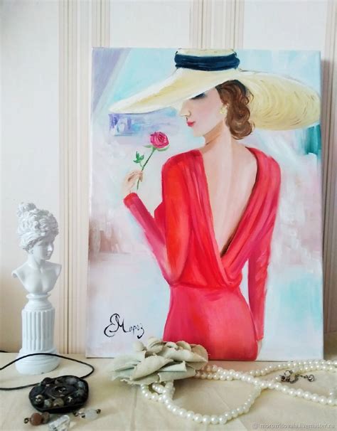 Картина Парижанка маслом Lady in Red Девушка в красном платье в шляпе ...