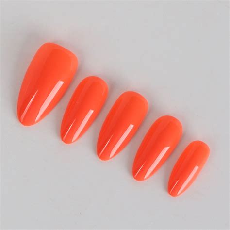 Fluorescent Orange Almond Acrylic Nails Shiny Or Matte Senboma