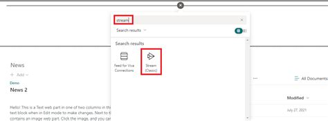 video embed using stream classic webpart in sharepoint online modern page