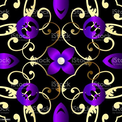 플로럴 3d 매끄러운 패턴 장식 보석 배경 벡터 배경을 반복합니다 빈티지 바로크 스타일의 장식 보라색 꽃 금선 모양 잎 3d 진주 아름다운 화려한 디자인 0명에 대한 스톡