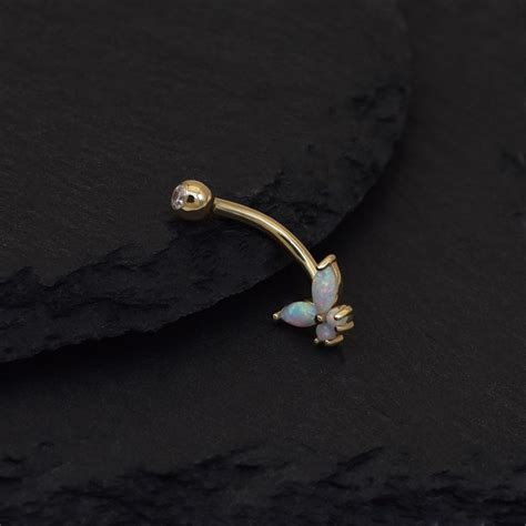 14k Solid Gold Butterfly Belly Button Ring Dainty Opal Navel Etsy