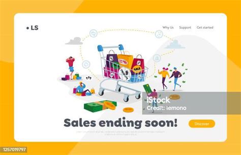 구매자 캐릭터 쇼핑 재미 판매 방문 페이지 템플릿 구매와 함께 거대한 트롤리 주변의 작은 쇼핑 중독자 사람들 벡터에 대한 스톡 벡터 아트 및 기타 이미지 Istock