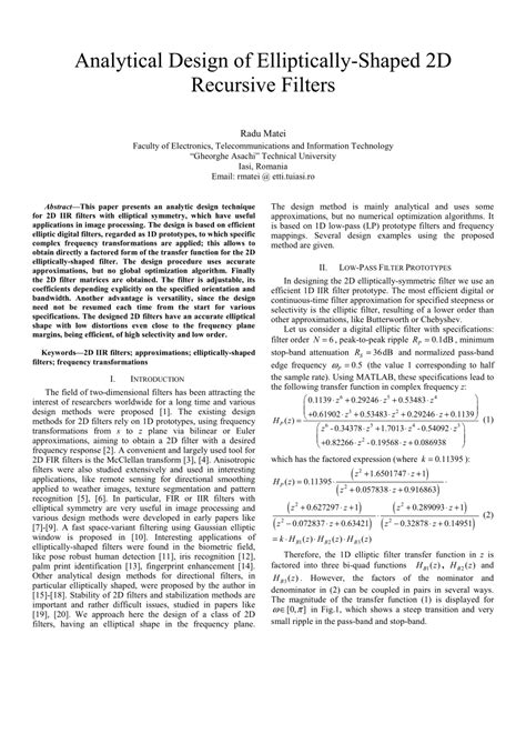 Pdf Analytical Design Of Elliptically Shaped 2d Recursive Filters
