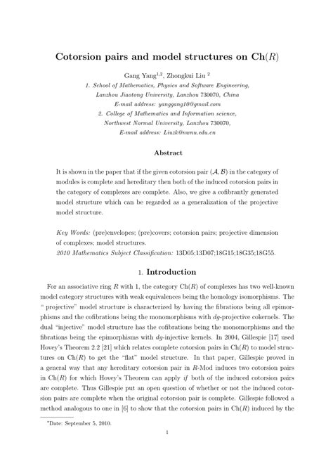 PDF Cotorsion Pairs And Model Structures On Ch R