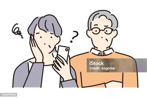 스마트폰 운영에 어려움을 겪고 있는 선배 부부의 일러스트 조언에 대한 스톡 벡터 아트 및 기타 이미지 조언 볼 사람들