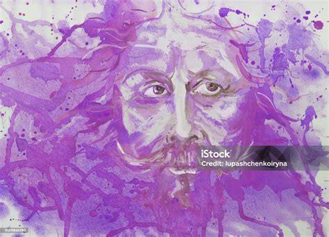 자주색 색조로 흐르는 수채화의 얼룩이 튀는 배경에 긴 머리 콧수염과 수염을 가진 남자의 수채화 초상화를 그리는 그림 가벼운에 대한 스톡 벡터 아트 및 기타 이미지 Istock