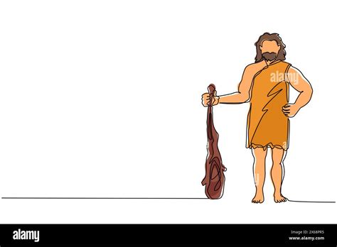Single One Line Drawing Caveman Standing And Holding Big Cudgel