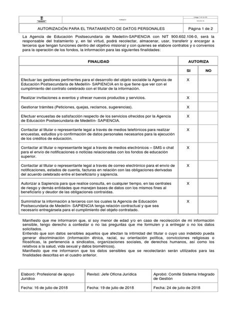 Formato Autorización Uso De Datos Personales Pdf Justicia Crimen