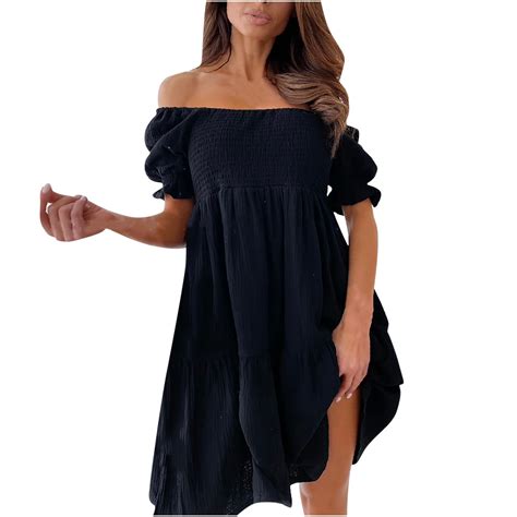 Munlar Loose Fit Womens Midi Dress Off Shoulder Short Sleeve Black