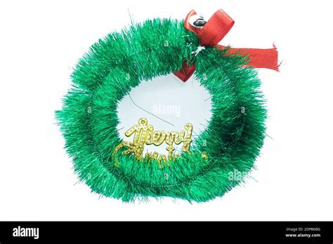 Christmas Wreath Red Ribbon Bow Isolated On White Background Merry