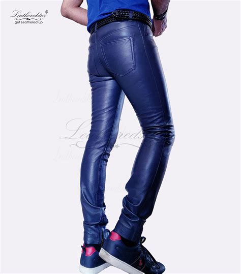 Navy Blue Color Leather Skinny Skintight Leather Jeans Pant Street