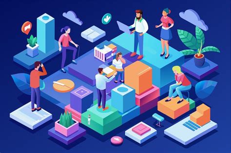 A Group Of Diverse Individuals Collaborates In A Vibrant Customizable Isometric Workspace
