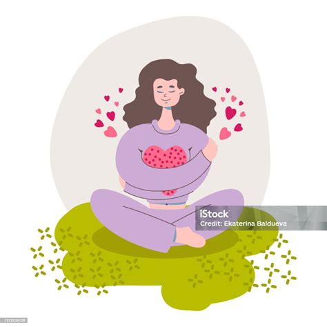 웃고 있는 여자가 자신을 껴안고 있다 자신을 사랑 자기 관리 신체 관리 자기 수용 몸 긍정적 인 개념 손으로 그린 벡터 플랫