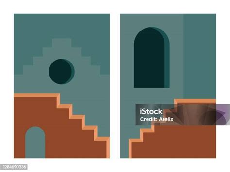 추상적인 계단 포스터 중반 세기 보헤미안 건축 미술 인쇄 벽 장식 소셜 미디어 이야기 현대 스타일 벡터 일러스트레이션 0명에 대한 스톡 벡터 아트 및 기타 이미지 Istock