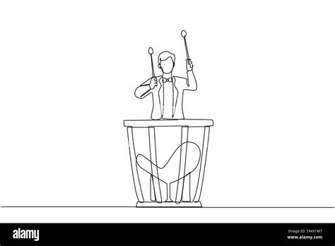 Single Continuous Line Drawing Male Percussion Player Play On Timpani