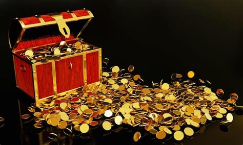 Premium Photo Many Distribute Gold Coins Flew From The Treasure Chest