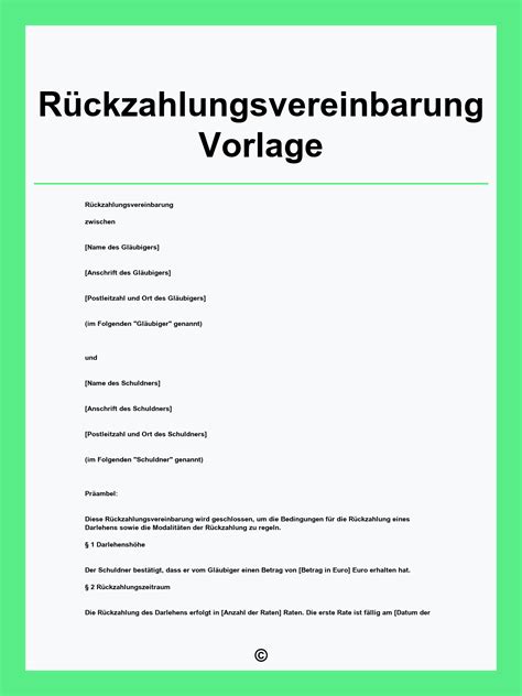 Rückzahlungsvereinbarung Vorlage