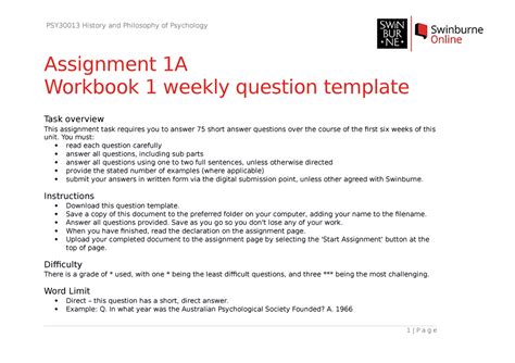 Assignment A Assignment A Workbook Weekly Question Template Task Overview This