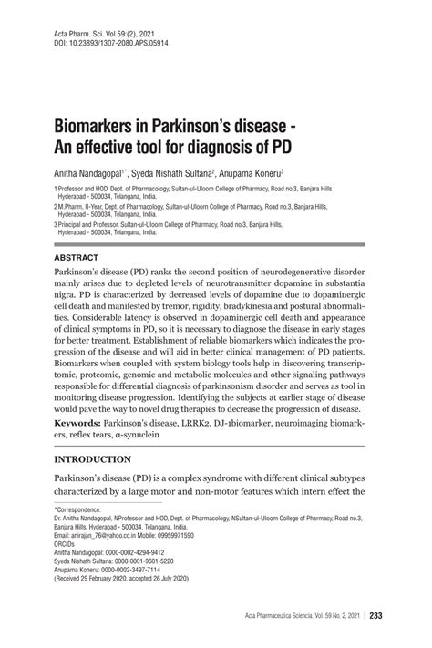 Pdf Biomarkers In Parkinson S Disease An Effective Tool For