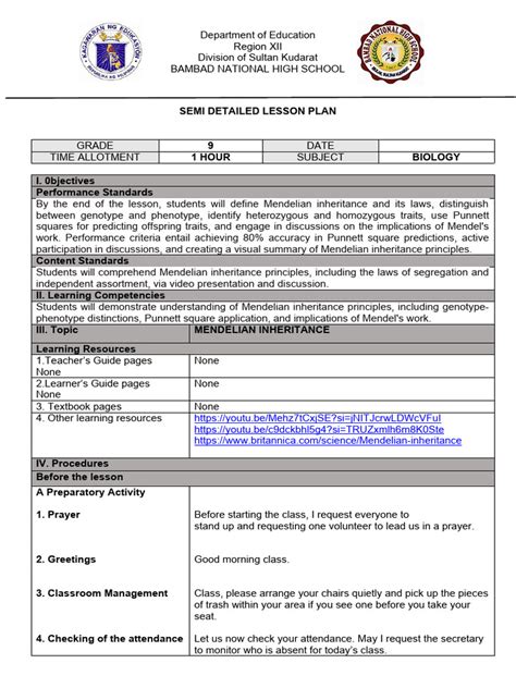 Mendelian Inheritancesemi Detailed Lesson Plan In Grade 9 Science