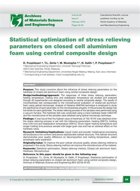 Pdf Statistical Optimization Of Stress Relieving Parameters On Closed Cell Aluminium Foam