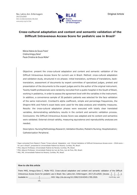 Pdf Cross Cultural Adaptation And Content And Semantic Validation Of The Difficult Intravenous