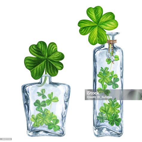 유리와 녹색 토끼풀로 수채화 성 패트릭의 날 마술 행운을 기원하는 밝은 일러스트의 디자인 흰색 배경에 분리된 요소 3월에 대한 스톡 벡터 아트 및 기타 이미지 Istock