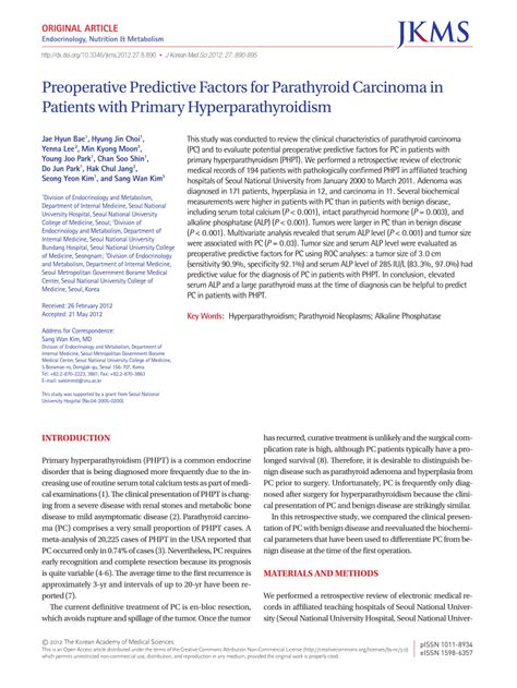 Pdf Preoperative Predictive Factors For Parathyroid Carcinoma In Patients With Primary