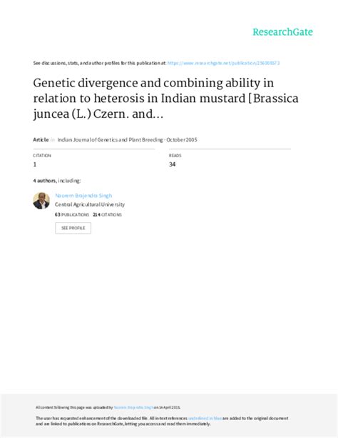 Pdf Genetic Divergence And Combining Ability In Relation To Heterosis In Indian Mustard