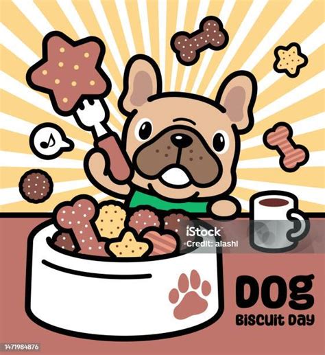전국 개 비스킷의 날 마른 비스킷과 쿠키로 가득 찬 그릇에서 먹는 귀여운 프렌치 불독 강아지 갈색에 대한 스톡 벡터 아트 및 기타 이미지 Istock