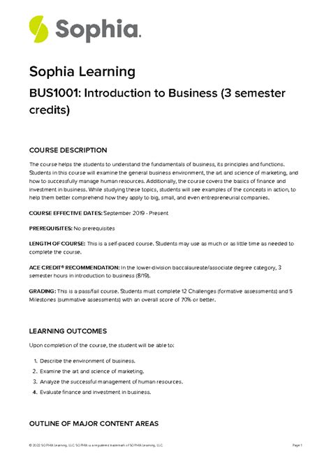 Sophia Introduction To Business Syllabus Sophia Learning Bus1001