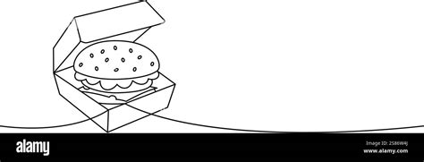 Burger With Open Cardboard Box One Line Continuous Drawing Traditional American Fast Food