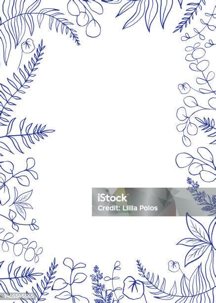 Rectangle Frame With Blue Fern Eucalyptus And Herbs On White Background