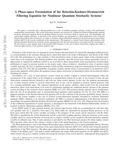 PDF A Phase Space Formulation Of The Belavkin Kushner Stratonovich