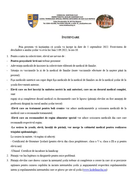 Instiintare Parinti Inceput De An Scolar Pdf